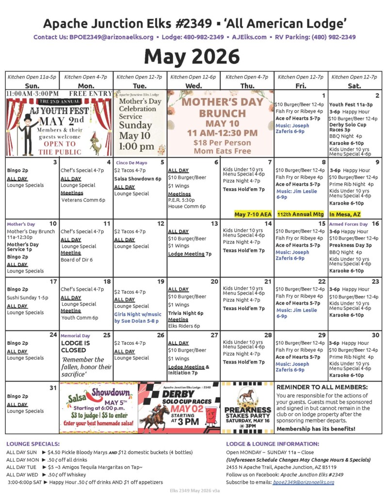 Calendar and Special Events – Apache Junction Elks 2349
