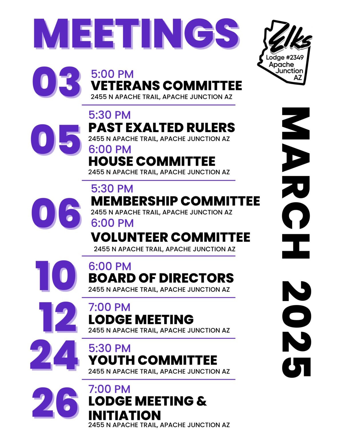 Calendar, Special Events - Apache Junction Elks 2349